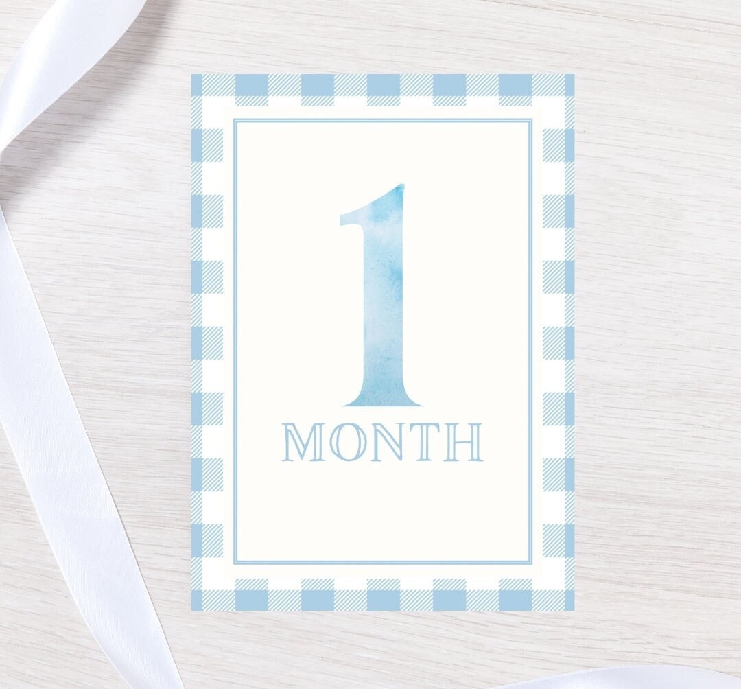 Blue Gingham Watercolor Milestone Cards | Classic Boy Monthly Milestone ...
