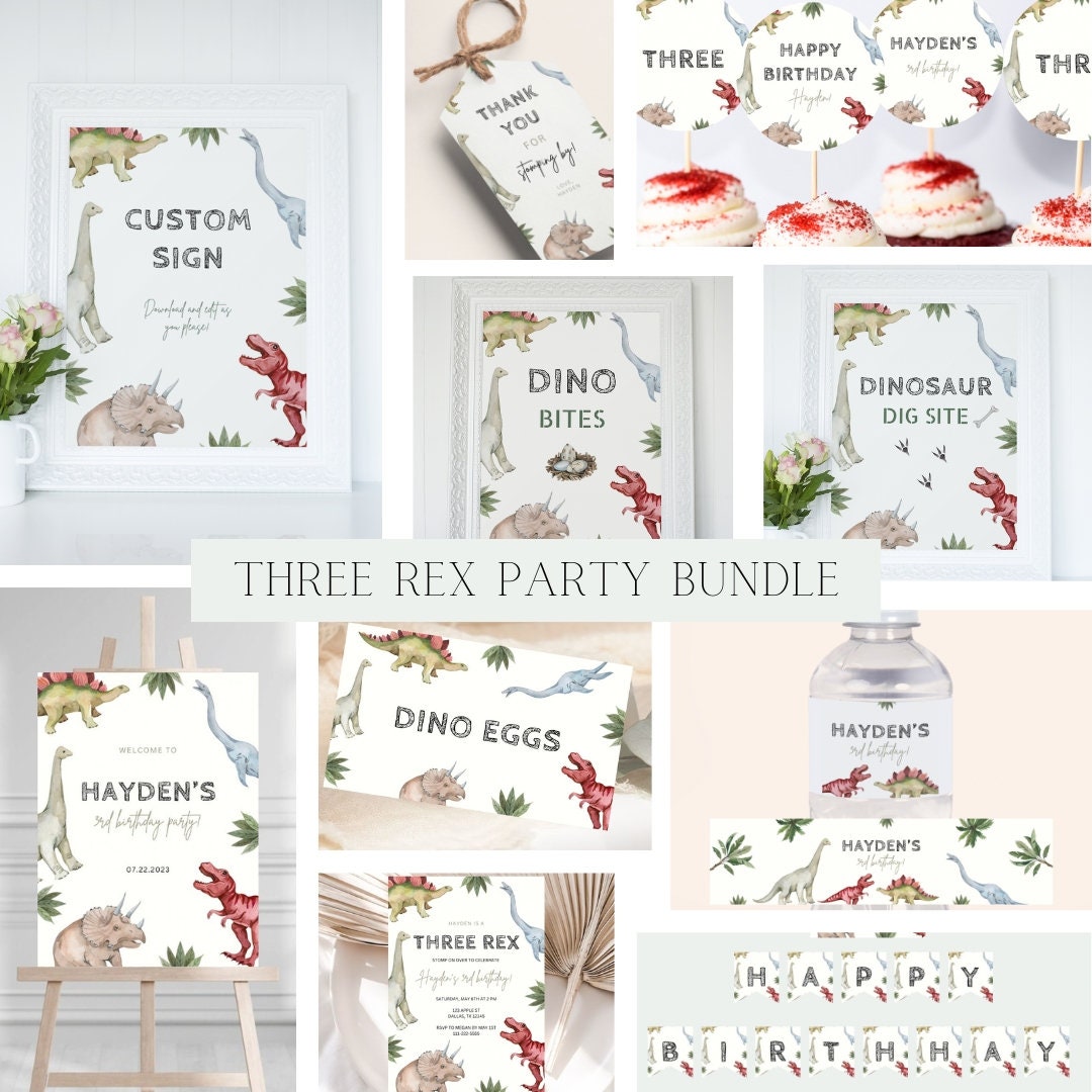 Editable Three Rex Birthday Party Invitation Bundle | Printable ...