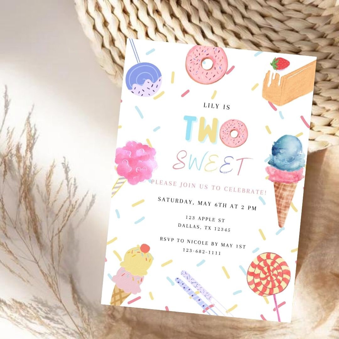 Editable Two Sweet Birthday Invitation Dessert Invite Pink Yellow ...
