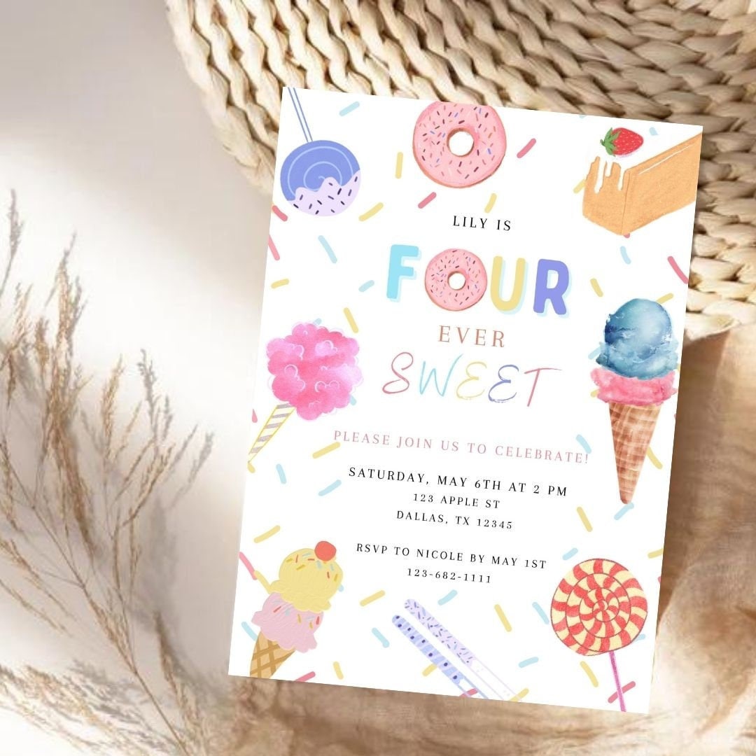 Four Ever Sweet Birthday Invitation | Dessert Invite | 4th Birthday ...