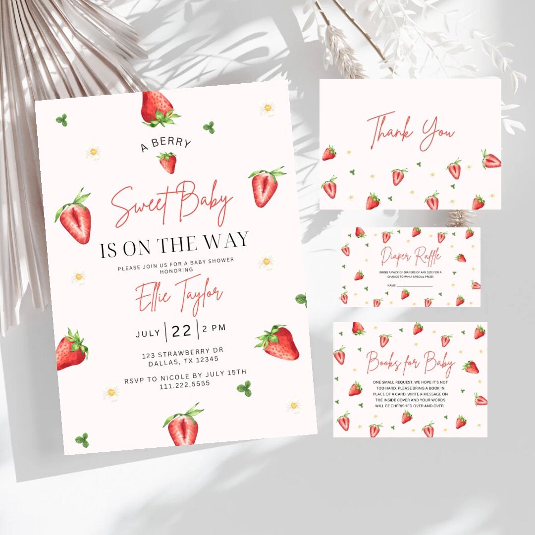Berry Sweet Baby Shower Invitation Bundle | Editable Strawberry Baby ...