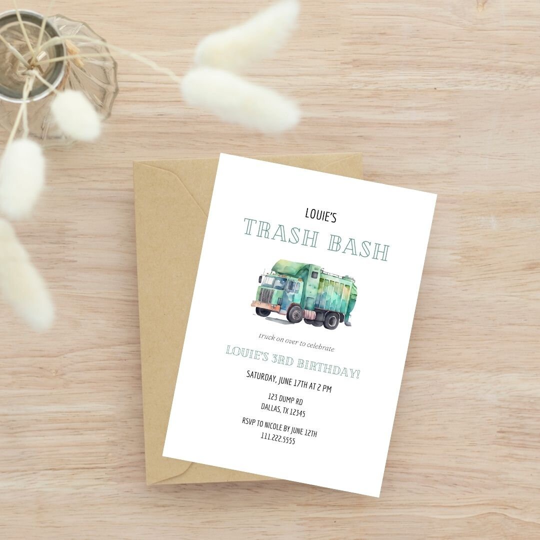 Garbage Truck Birthday Invitation Trash Bash Invite Trash Truck ...