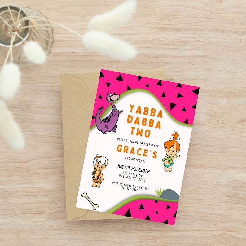 Yabba Dabba Two Editable Birthday Invitation Digital Download Pink ...