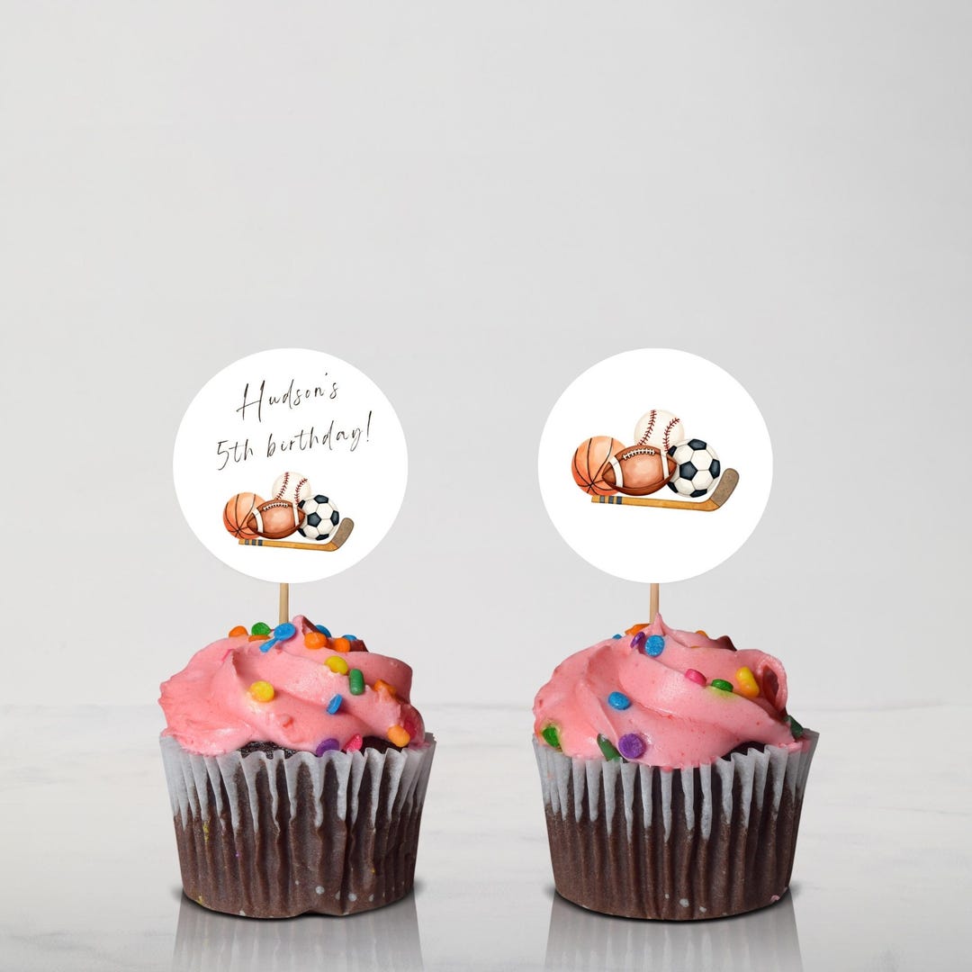 Editable Multi Sports Theme Birthday Cupcake Toppers | Minimalist All ...