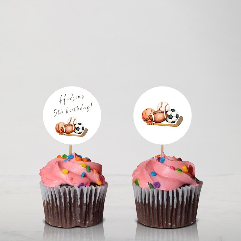 Editable Multi Sports Theme Birthday Cupcake Toppers | Minimalist All ...