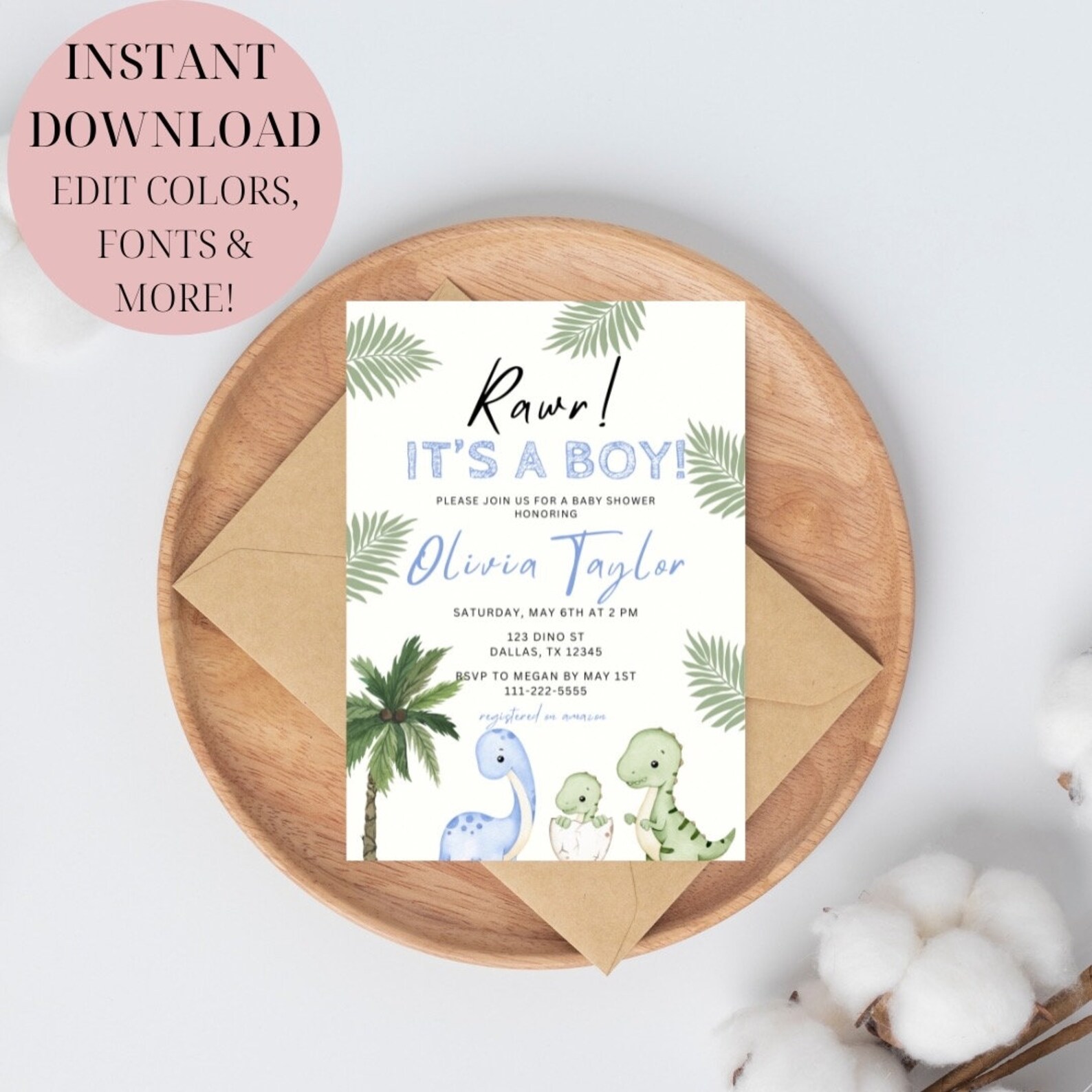 Editable Dinosaur Baby Shower Invitation | Rawr It’s A Boy Baby Shower ...