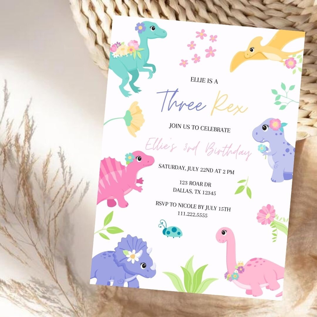 Girl Dinosaur Birthday Invitation | Girl Three Rex Invitation | Pastel ...