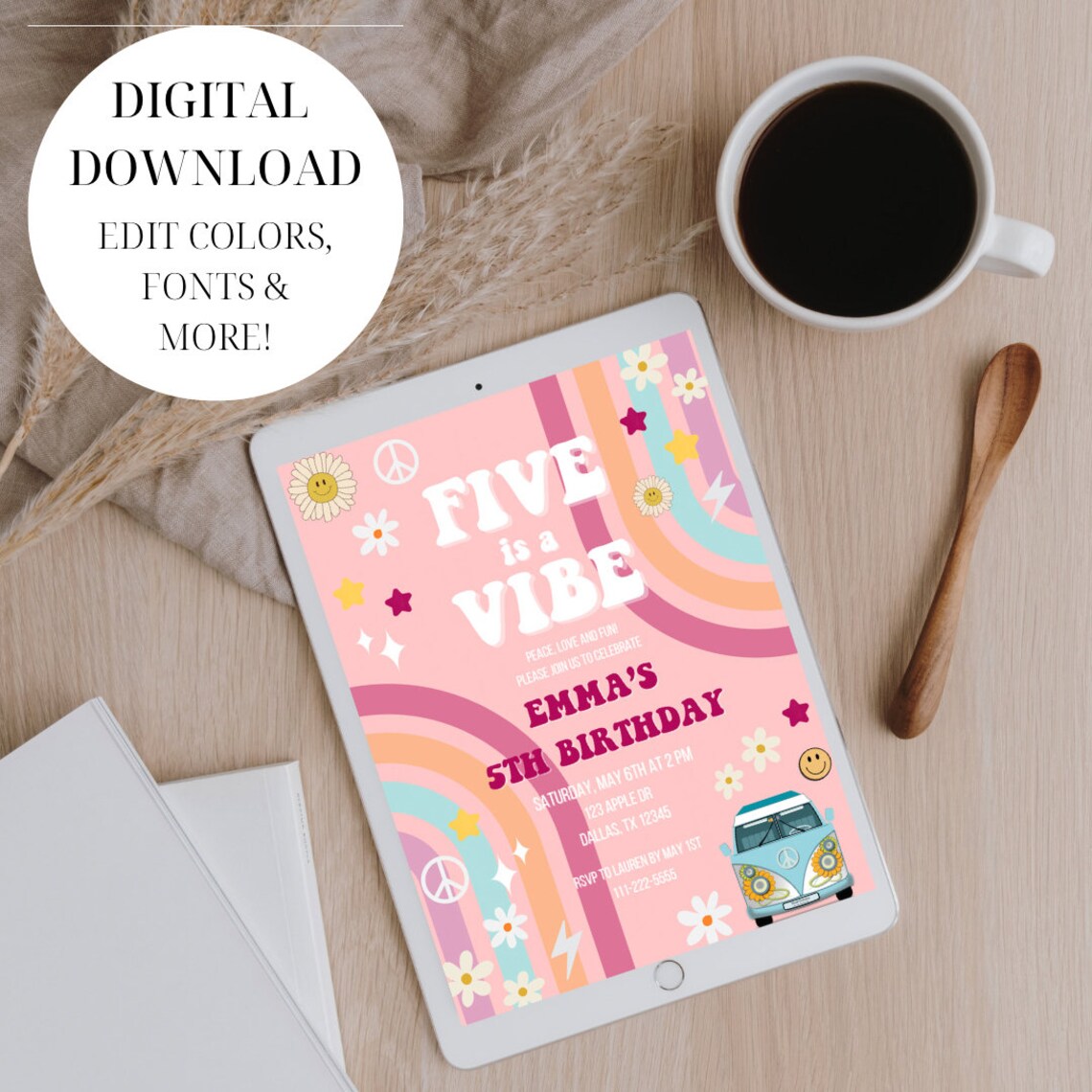 Five is a Vibe Invitation, Hippie Birthday Invitation, Instant Download ...