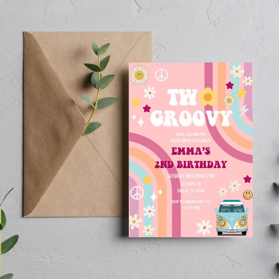 Two Groovy Invitation, Hippie Birthday Invitation, Instant Download ...