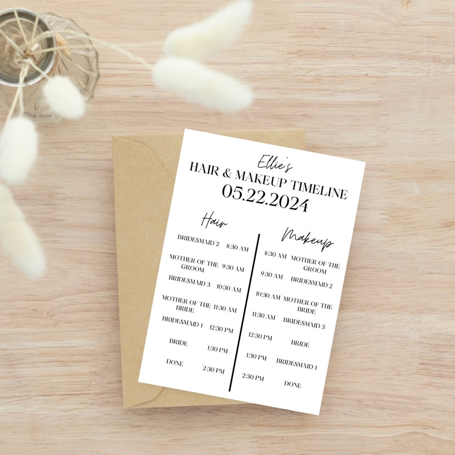 Wedding Hair and Makeup Timeline Template | Minimalist Bridal Party ...