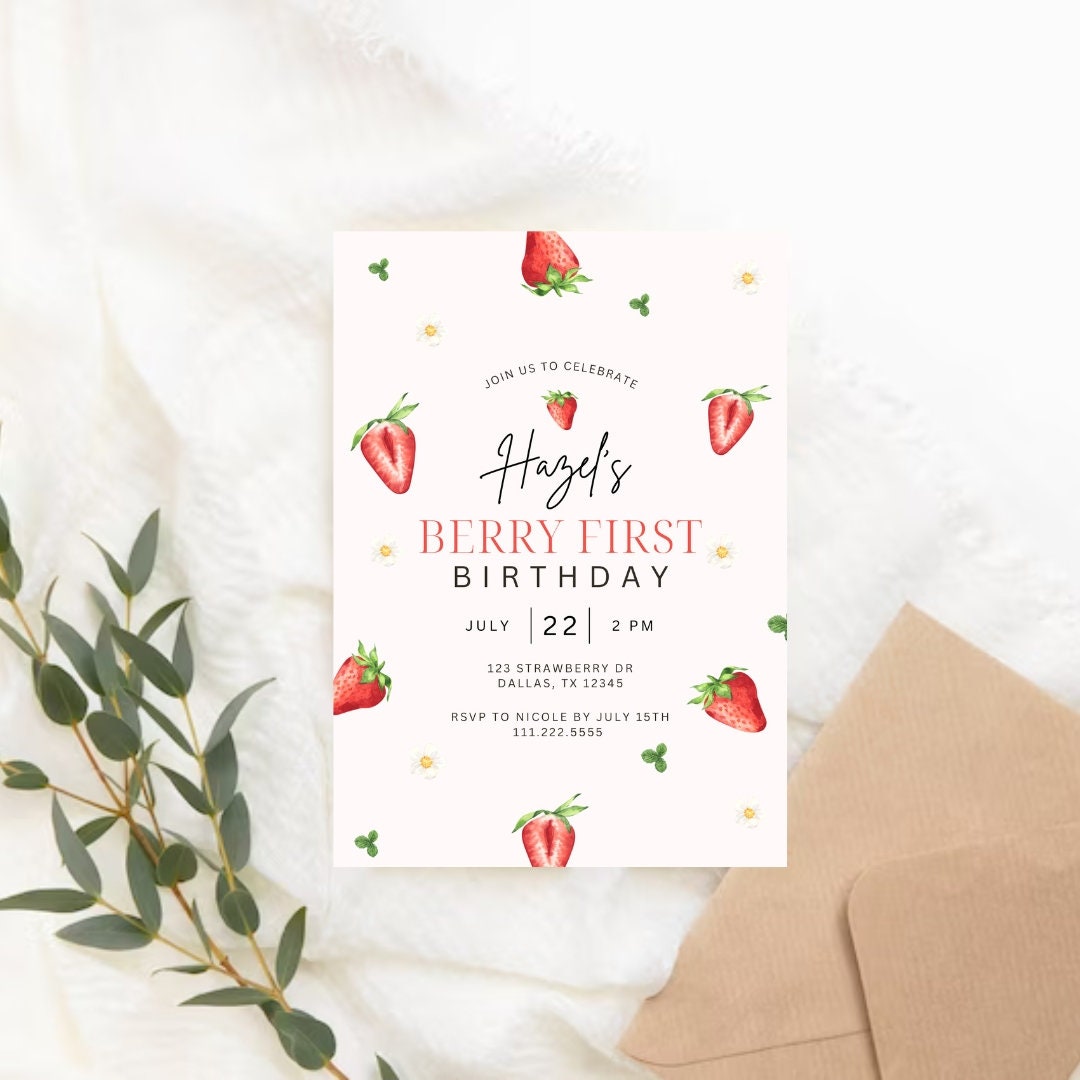 Berry First Birthday Invitation | Editable Strawberry 1st Birthday ...