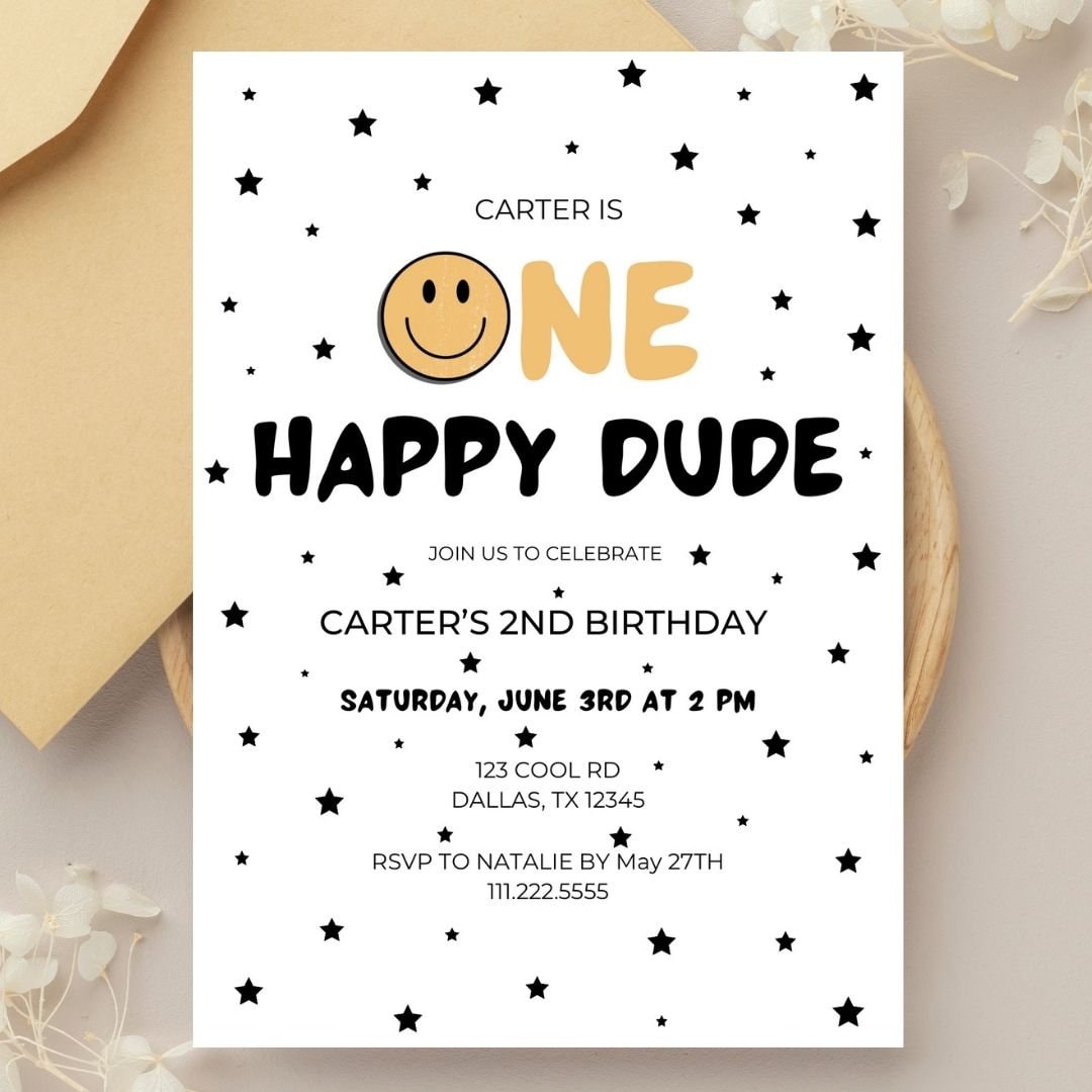 Editable One Happy Dude Birthday Invitation Smiley Face Invitation 1st ...