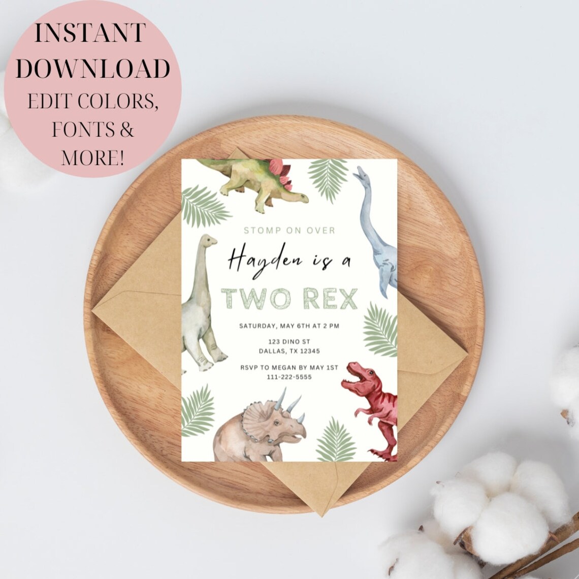 Editable Two-rex Invitation Dinosaur Birthday Template Dino 2nd ...