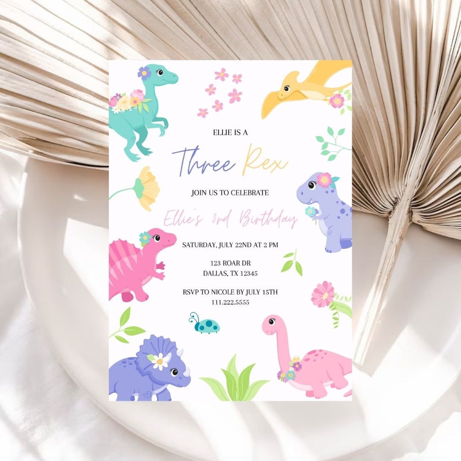 Girl Dinosaur Birthday Invitation | Girl Three Rex Invitation | Pastel ...