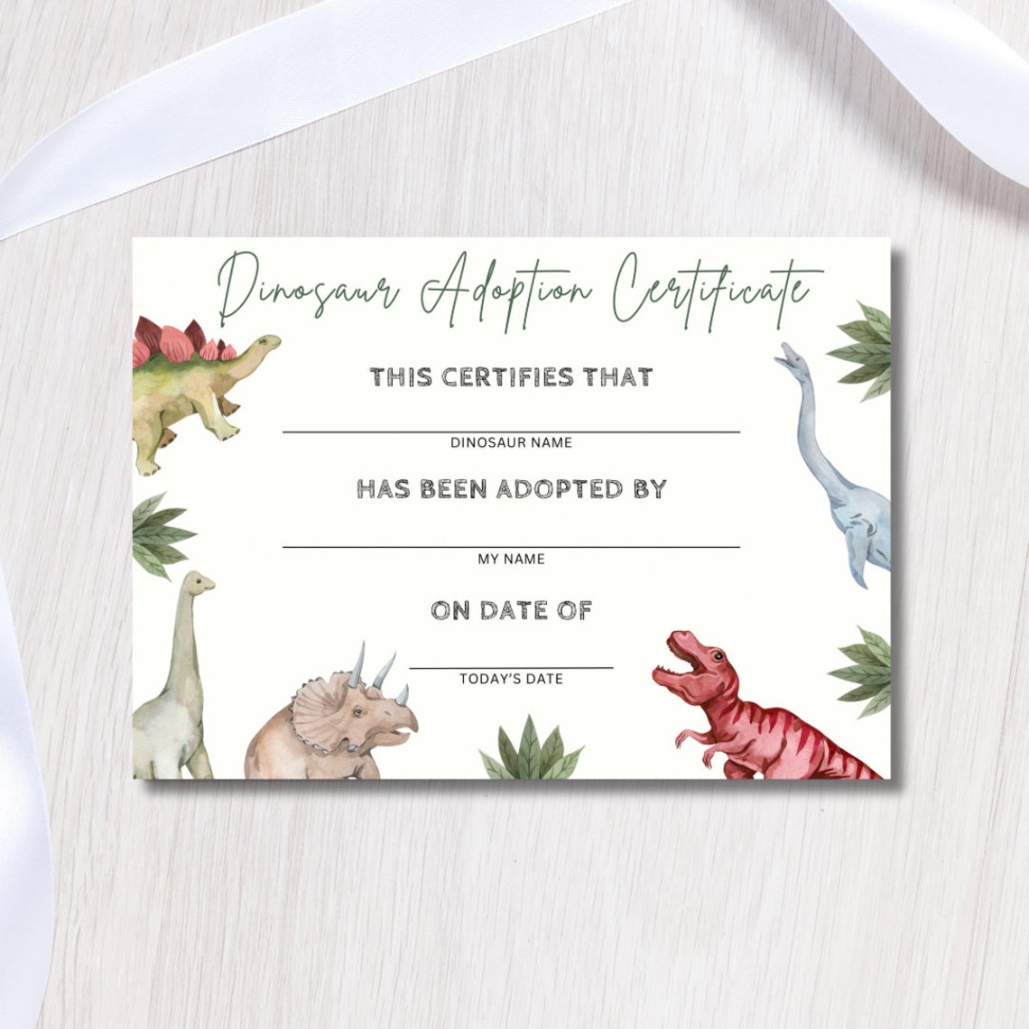 Adopt A Dinosaur Certificate Card and Sign Editable Dino T-rex Birthday ...