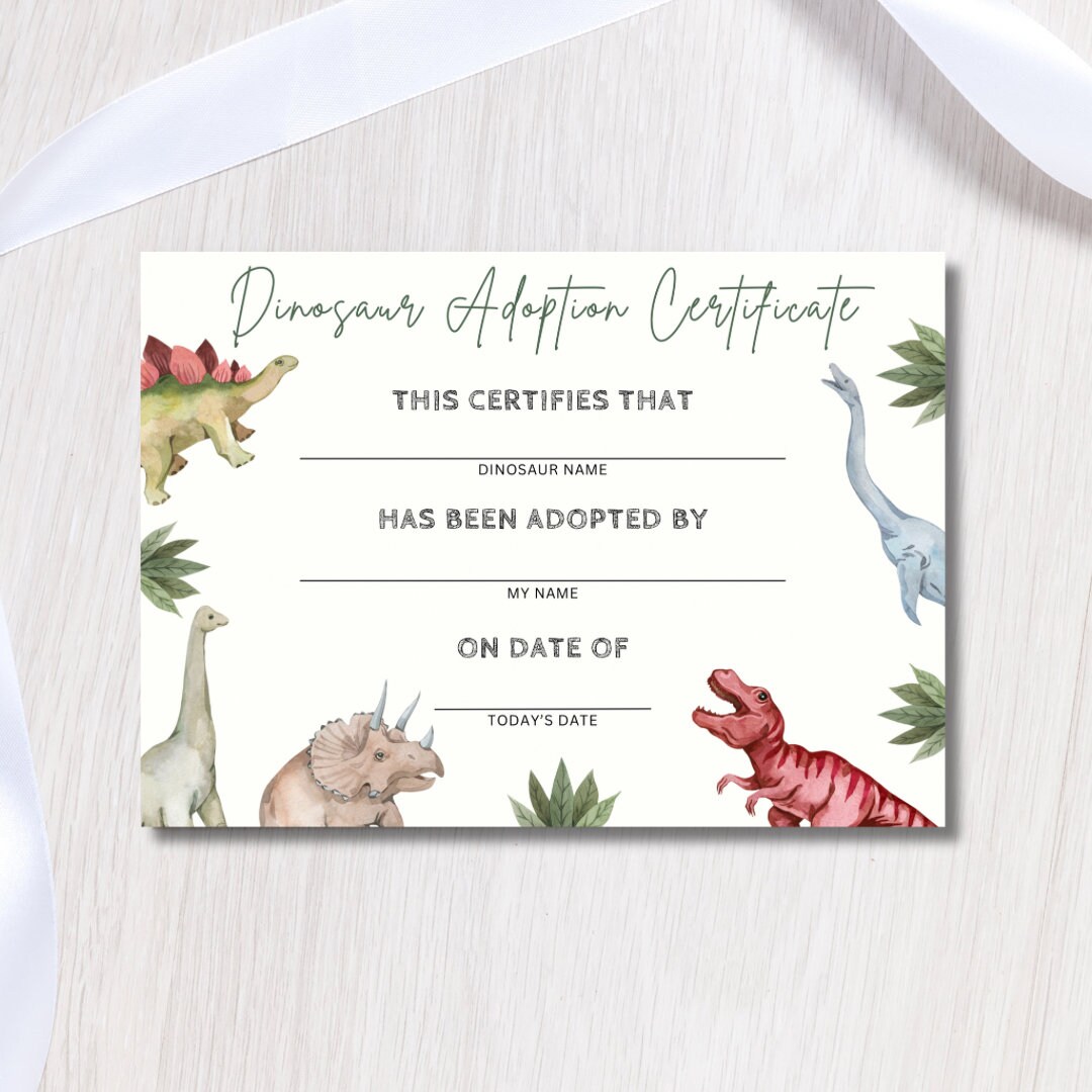 Adopt A Dinosaur Certificate Card and Sign Editable Dino T-rex Birthday ...
