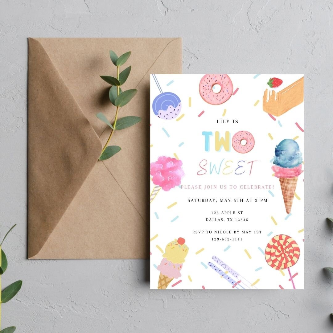 Editable Two Sweet Birthday Invitation Dessert Invite Pink Yellow ...