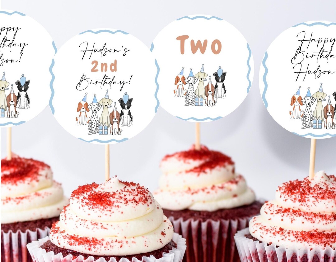 Dog Theme Birthday Cupcake Toppers | Editable Puppy Pawty Theme Cupcake ...
