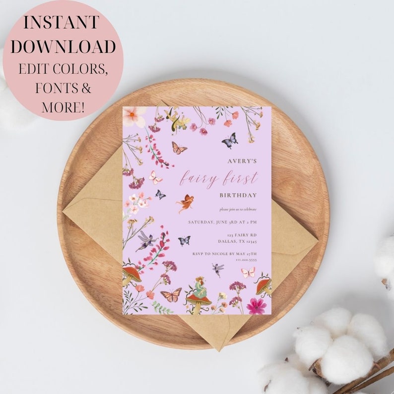 Fairy First Birthday Invitation Fairy 1st Birthday Template Enchanted ...