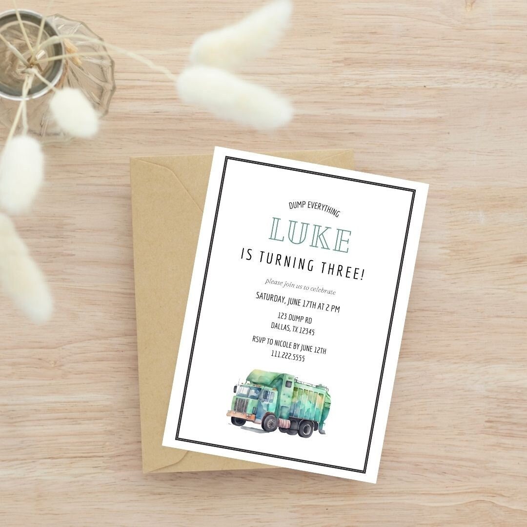 Garbage Truck Birthday Invitation | Dump Truck Editable Template | Dump ...