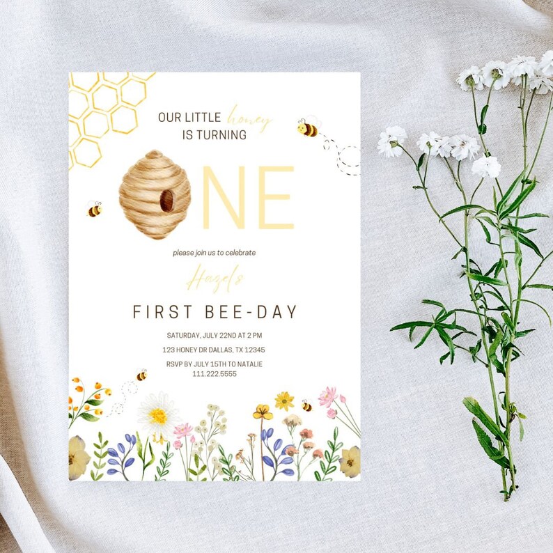 Editable First Bee Day Invitation Bee First Birthday Invitation Our ...