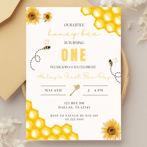 Bee First Birthday Invitation, First Bee Day Party Invitation, Honey ...