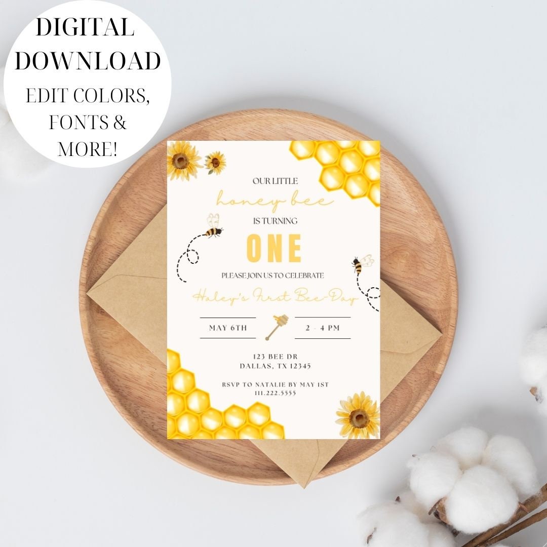Bee First Birthday Invitation, First Bee Day Party Invitation, Honey ...