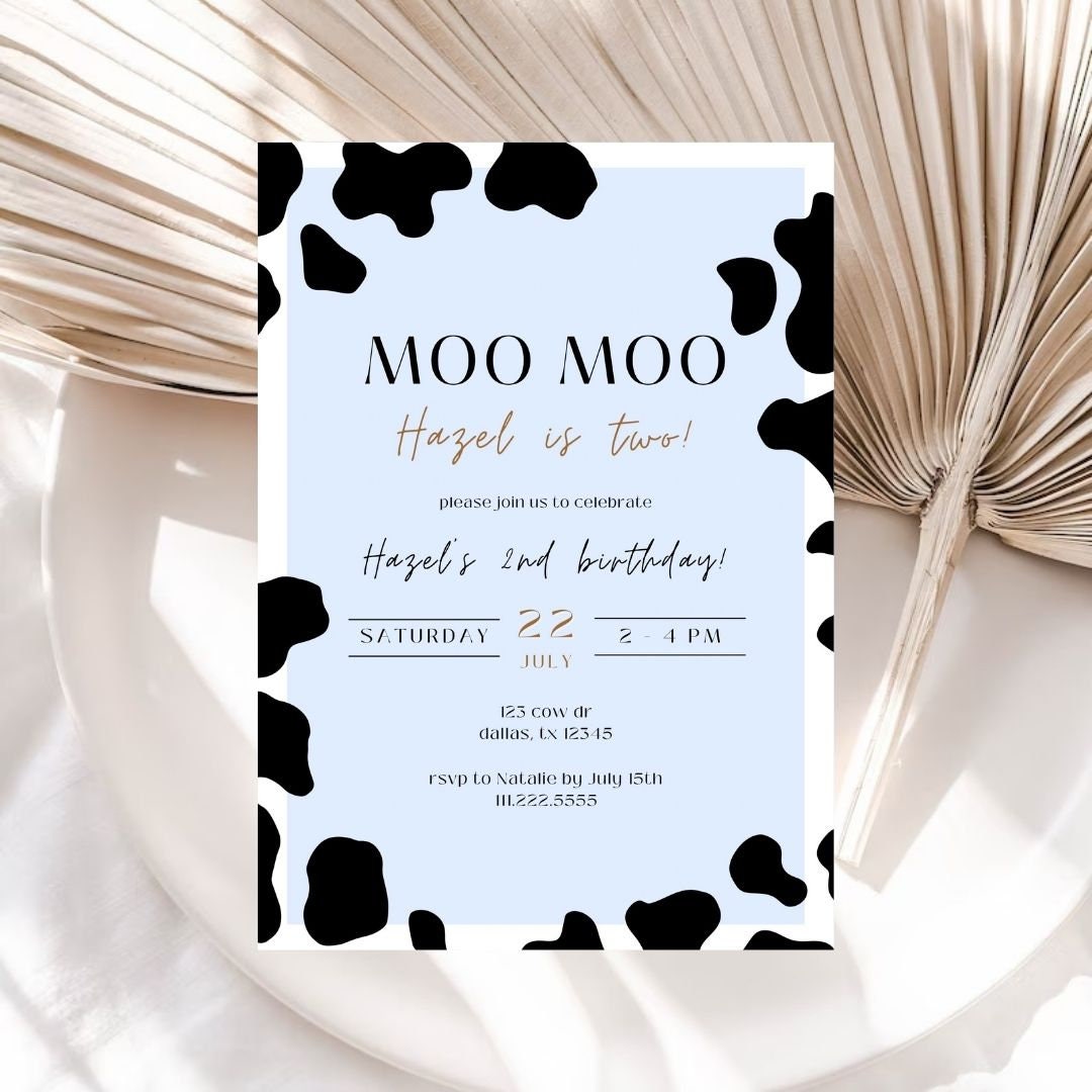Moo Moo I’m Two Birthday Invitation, Boy Cow Birthday Invite, Editable Cow 2nd Birthday Template ...