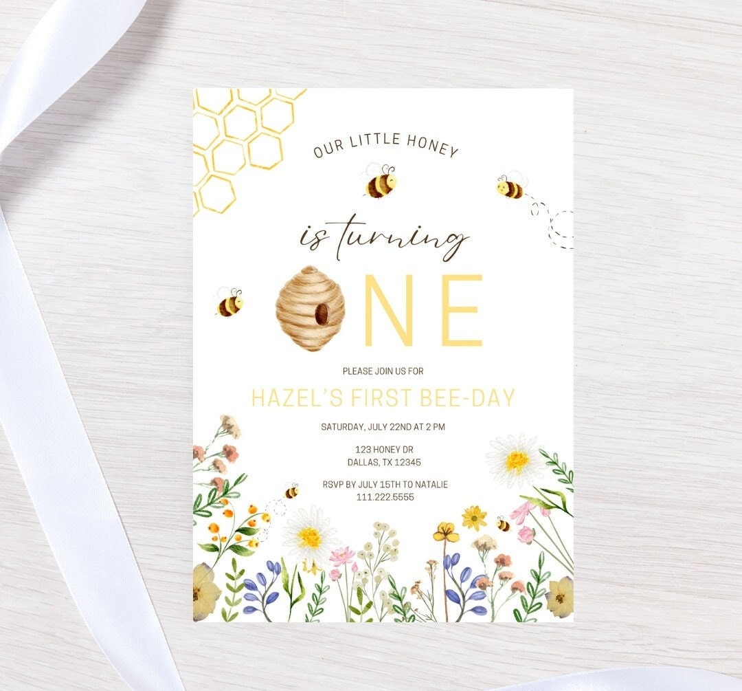 Editable First Bee Day Invitation Bee First Birthday Invitation Our ...