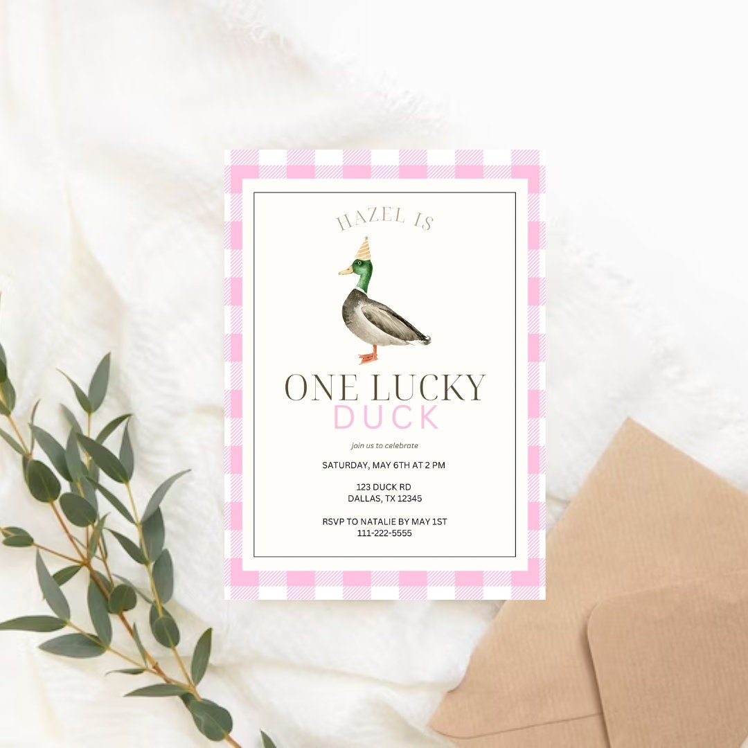 Pink One Lucky Duck Editable Birthday Invitation Girl One Lucky Duck ...