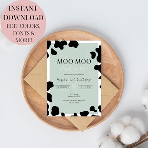 Moo Moo I’m Two Birthday Invitation, Gender Neutral Cow Birthday Invite ...