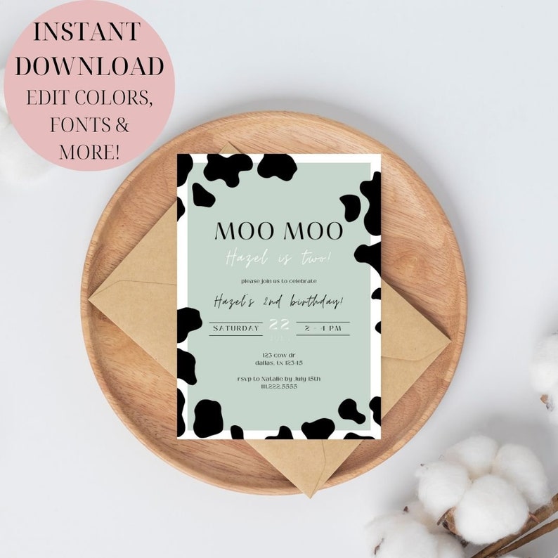 Moo Moo I’m Two Birthday Invitation, Gender Neutral Cow Birthday Invite ...