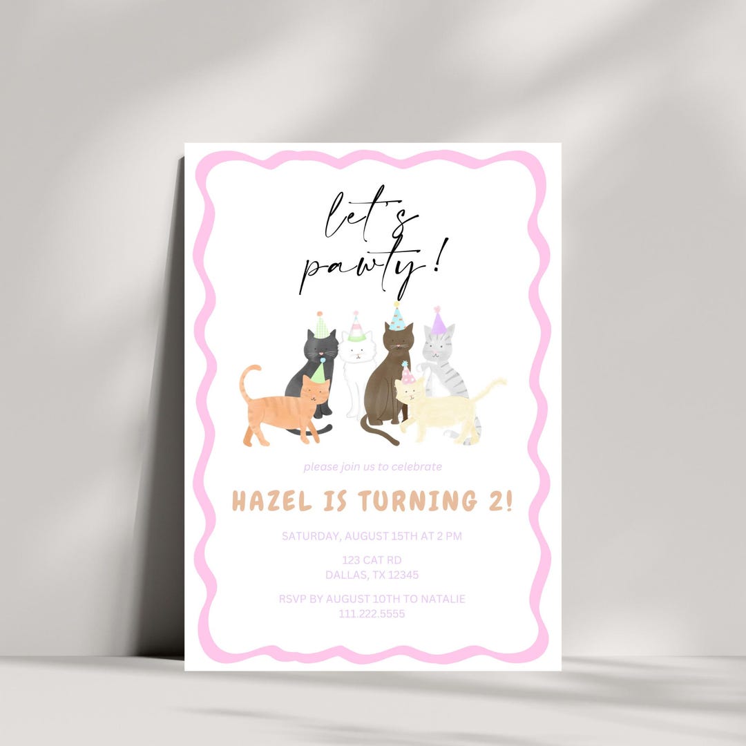 Cat Themed Birthday Invitation | Editable Pink Cat Theme Party ...