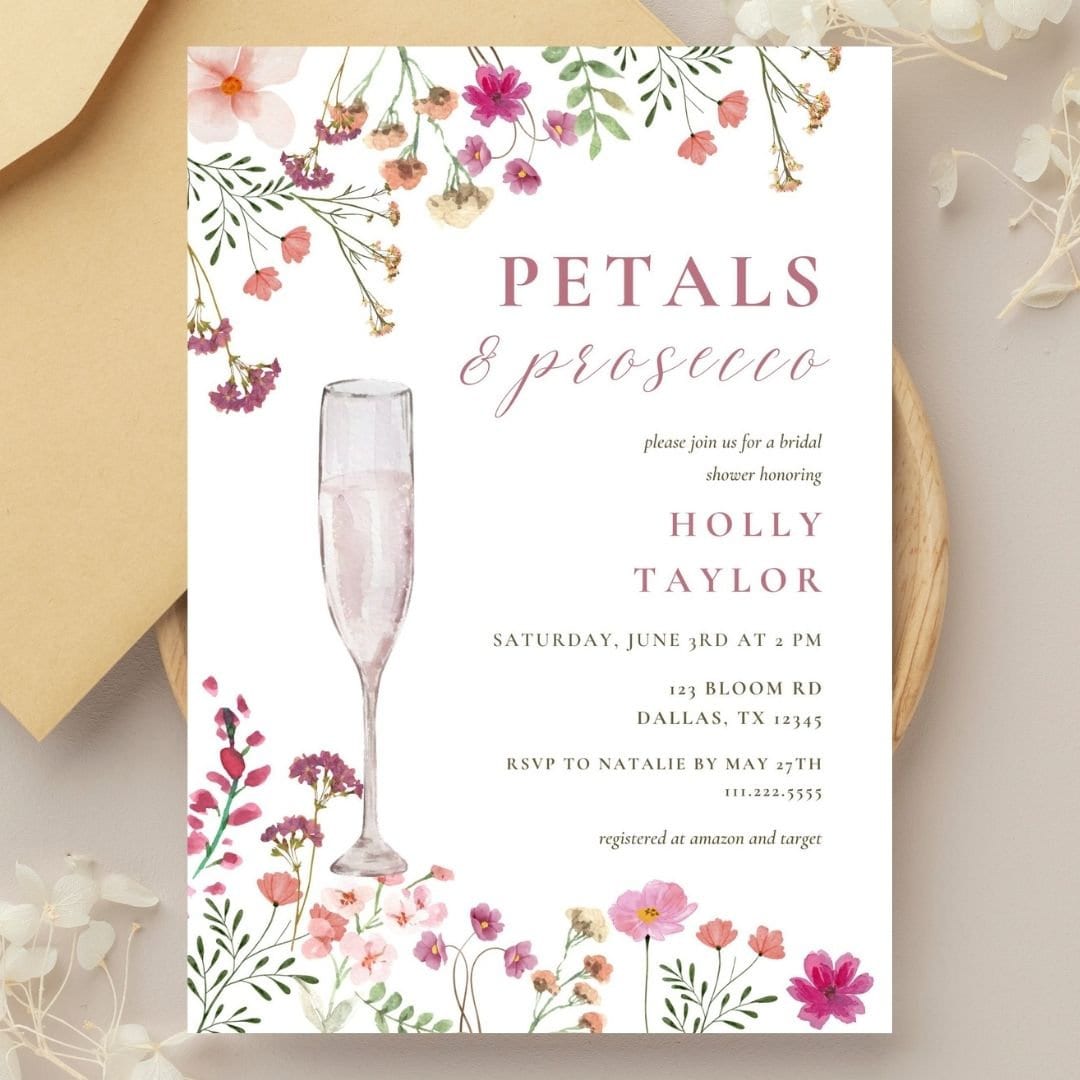 Petals and Prosecco Bridal Shower Invitation | Pastel Bridal Shower ...