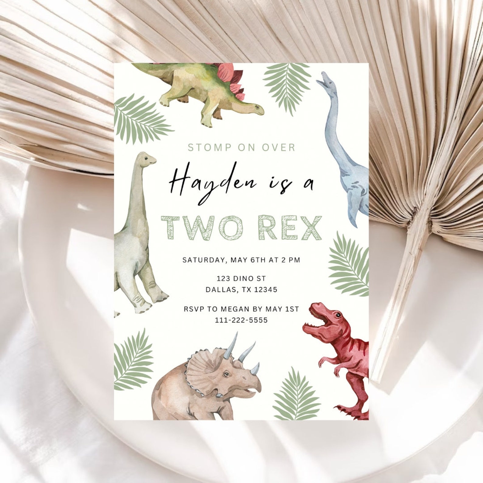 Editable Two-rex Invitation Dinosaur Birthday Template Dino 2nd ...