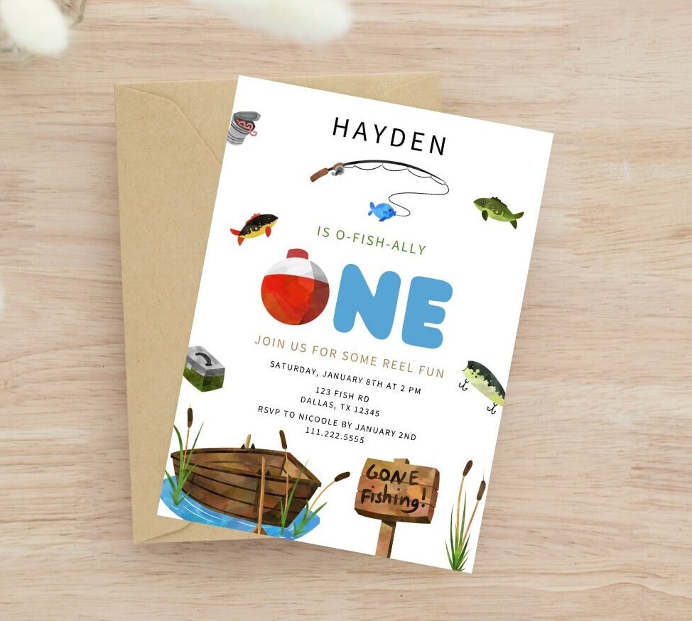 Editable O-fish-ally One Birthday Invitation Fishing - Etsy