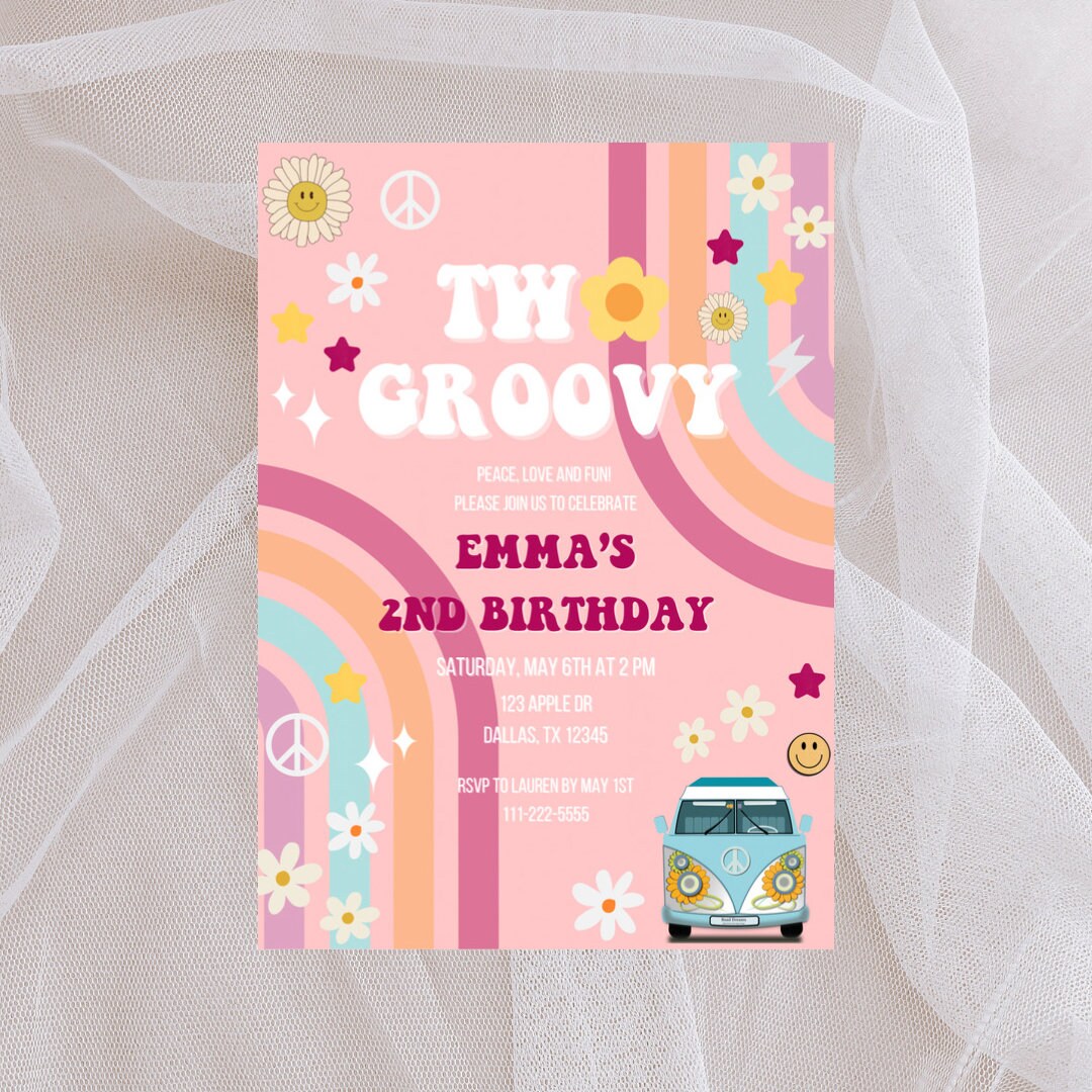 Two Groovy Invitation, Hippie Birthday Invitation, Instant Download ...
