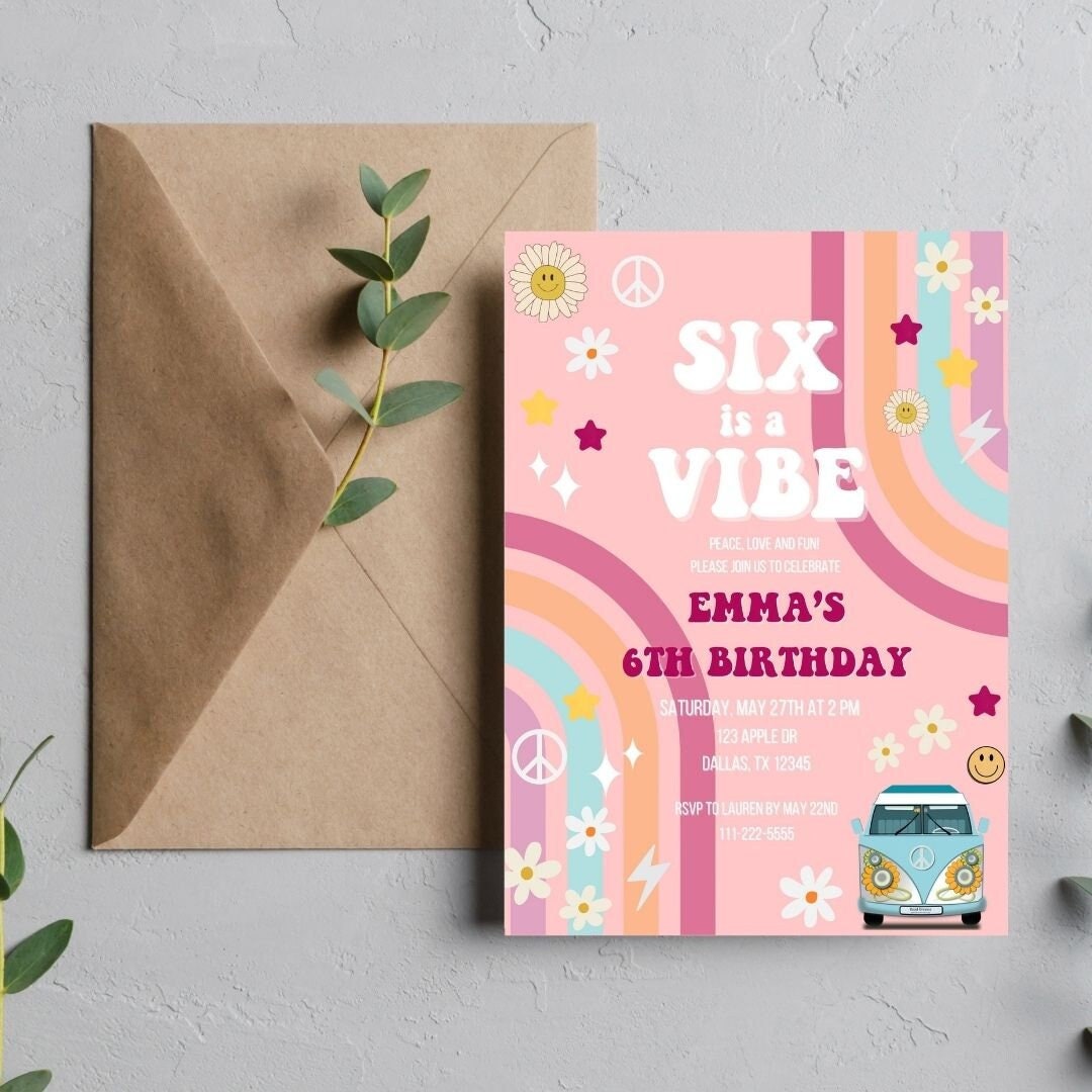Six is a Vibe Invitation, Hippie Retro Birthday Invitation, Instant ...