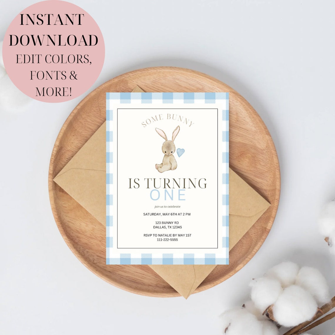 Minimalist Some Bunny is Turning One Editable Invitation | Blue Bunny ...