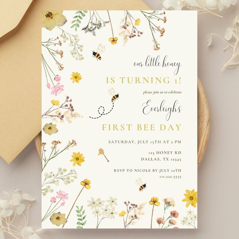 Editable Bee First Birthday Invitation First Bee Day Invitation Our ...
