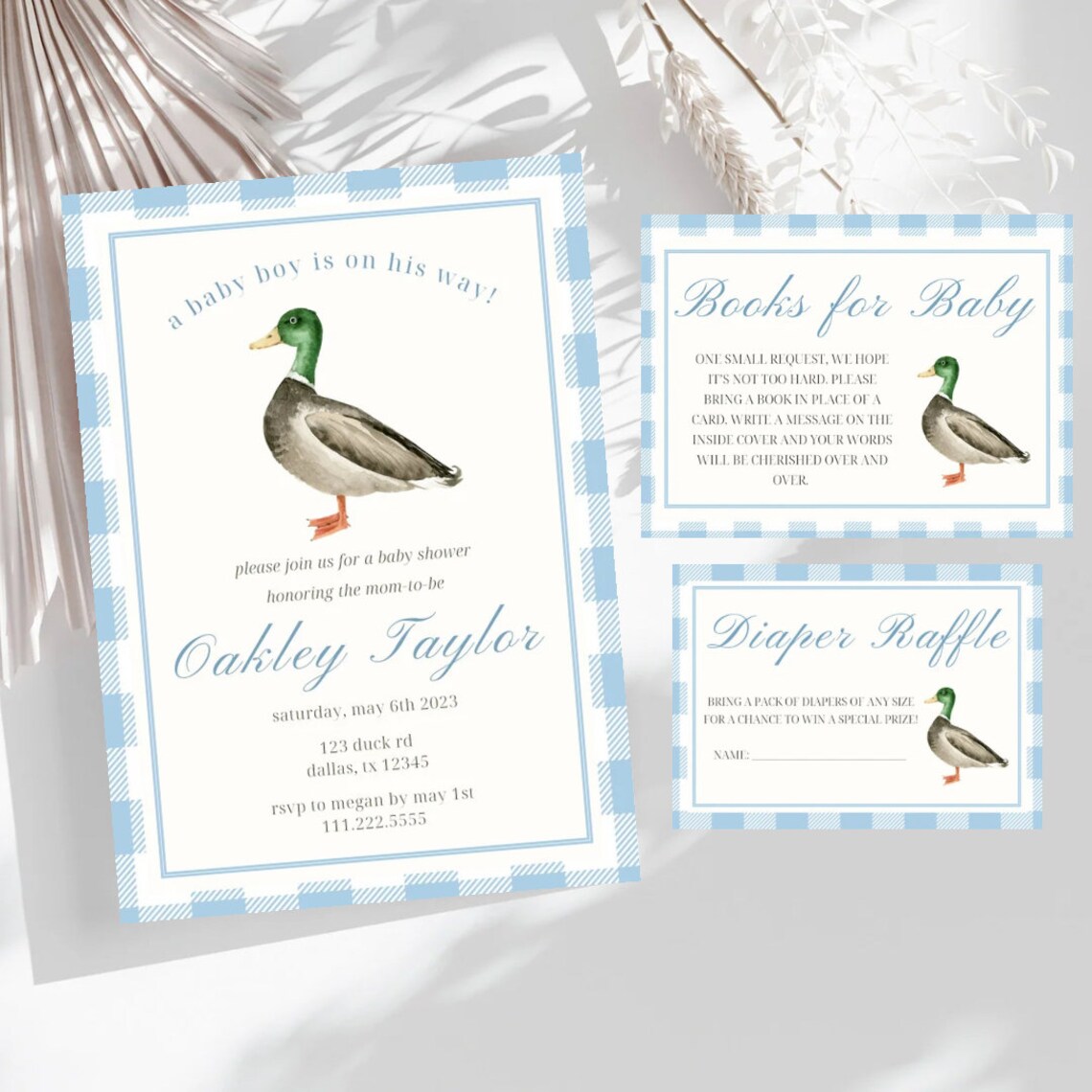 Duck Baby Shower Invitation Bundle | Editable Mallard Duck Boy Baby ...