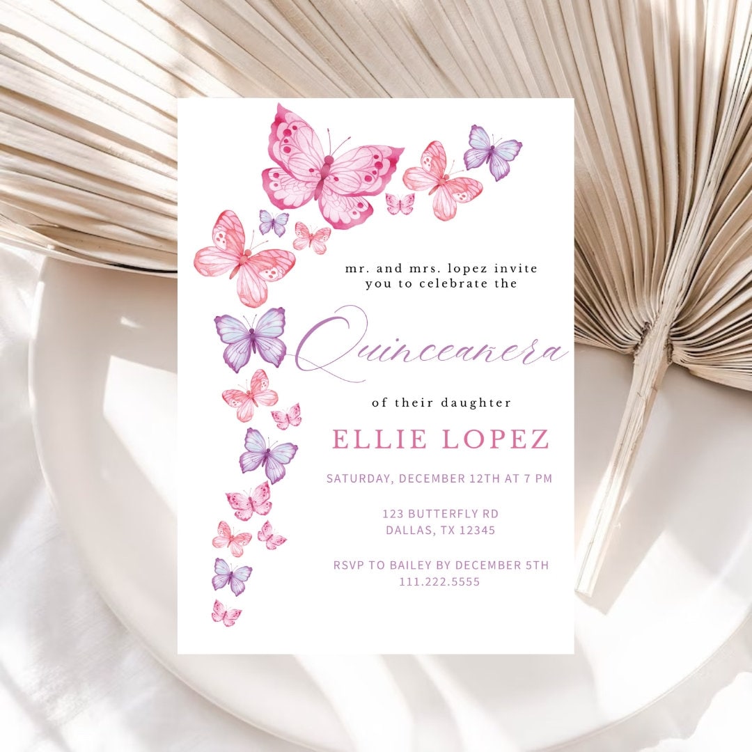 Butterfly Quinceañera Editable Invitation Pastel Butterfly Quince ...
