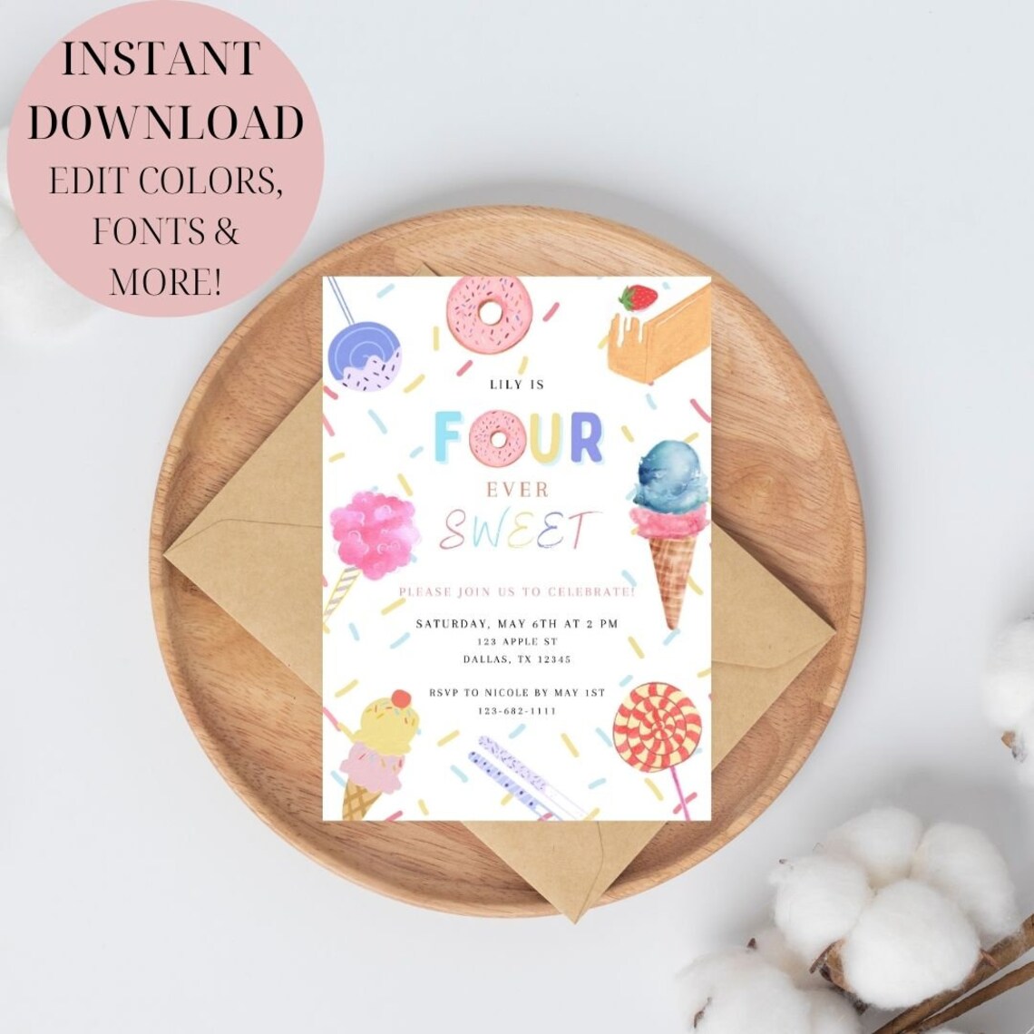 Four Ever Sweet Birthday Invitation | Dessert Invite | 4th Birthday ...