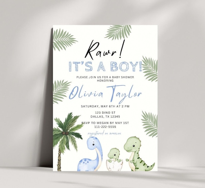 Editable Dinosaur Baby Shower Invitation | Rawr It’s A Boy Baby Shower Invite | Baby Dinosaur ...