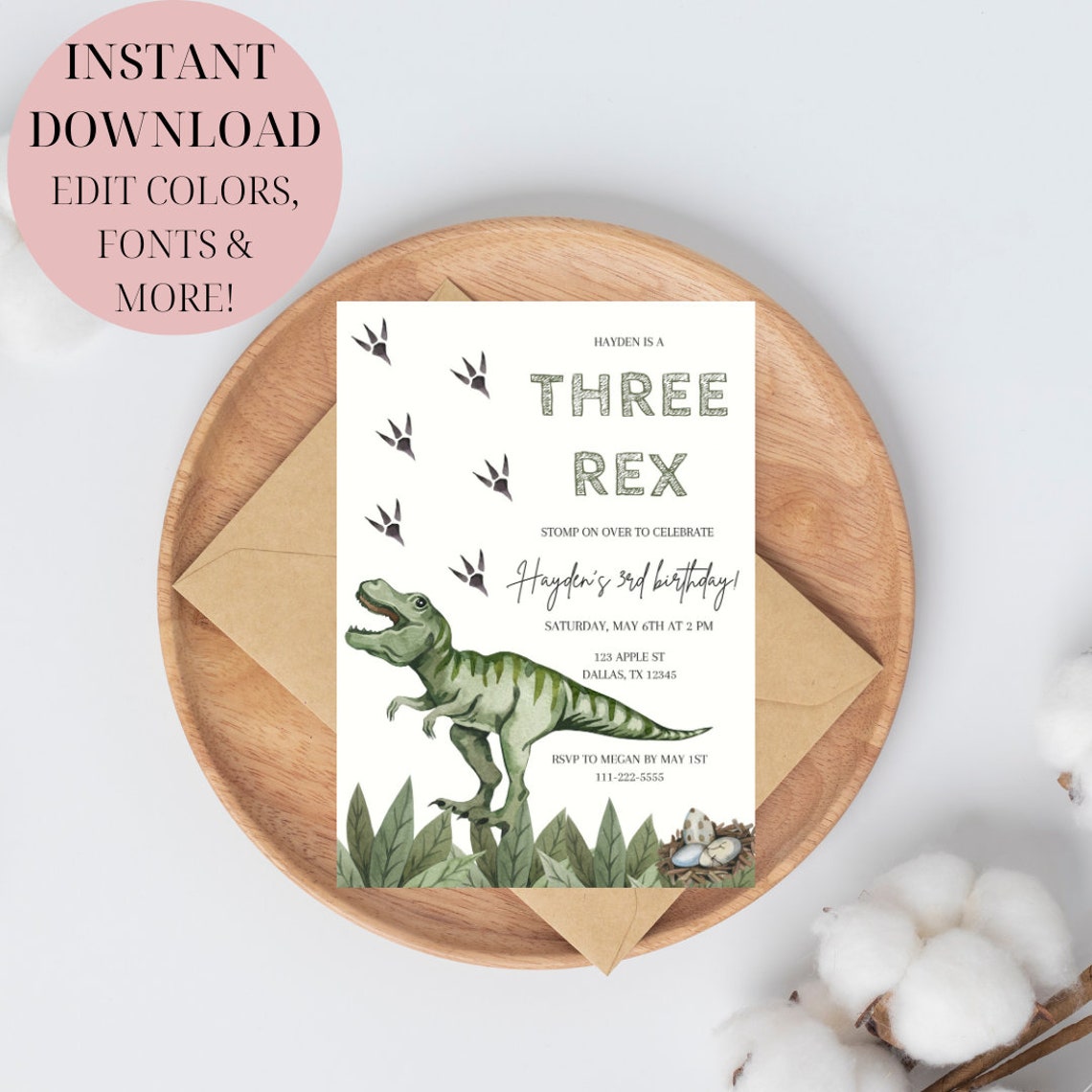 Three-rex Invitation, Editable Dinosaur Birthday Invite, Three Rex ...