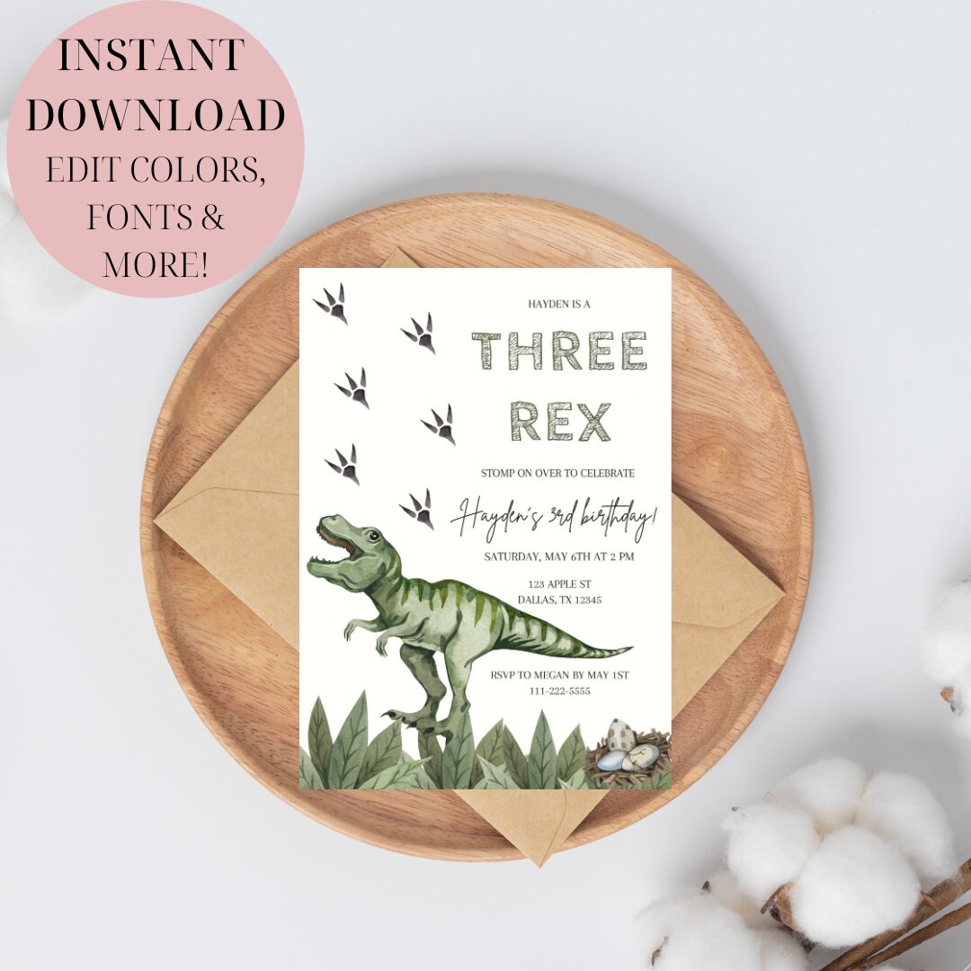 Three-rex Invitation, Editable Dinosaur Birthday Invite, Three Rex ...