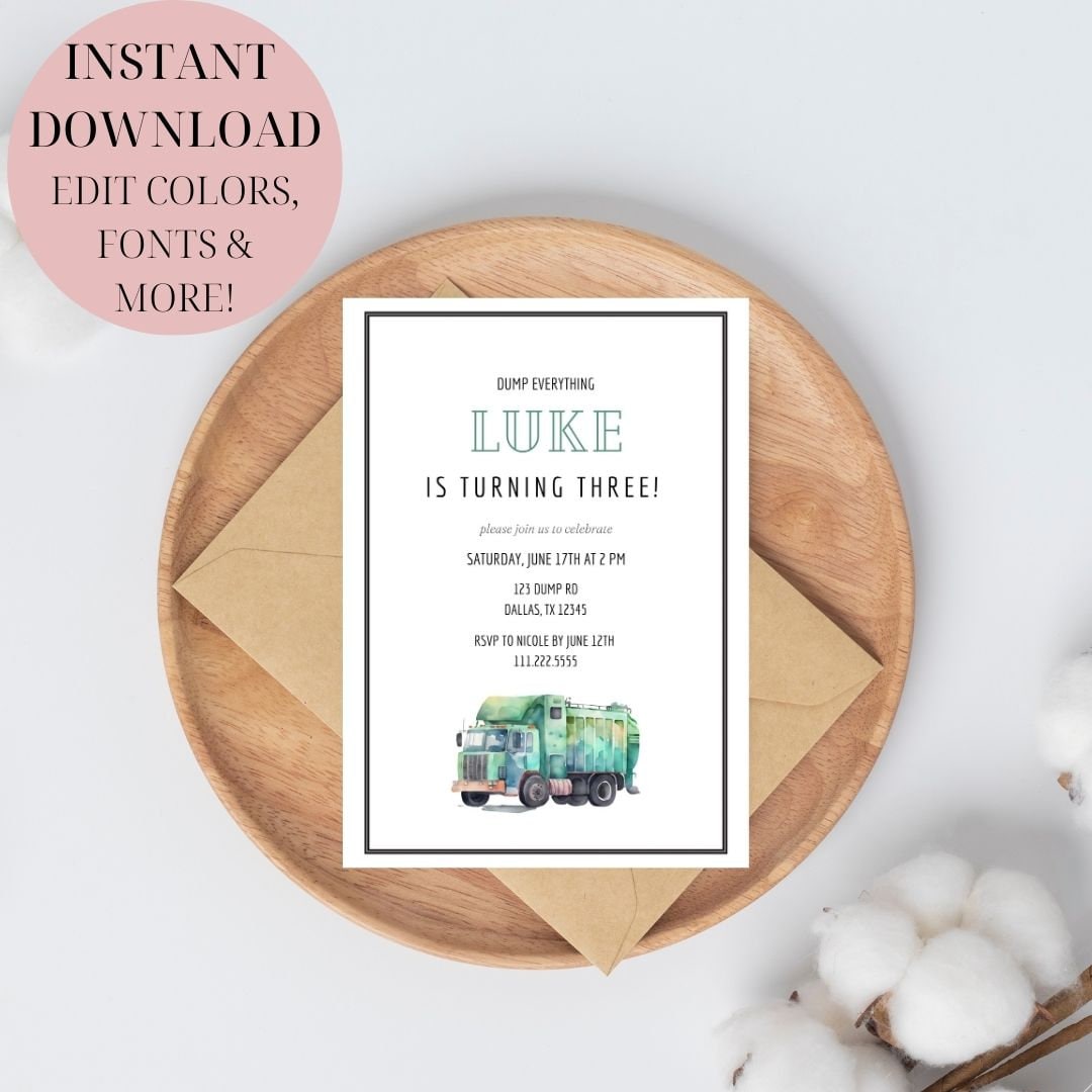 Editable Garbage Truck Birthday Invitation Trash Truck Template Dump ...