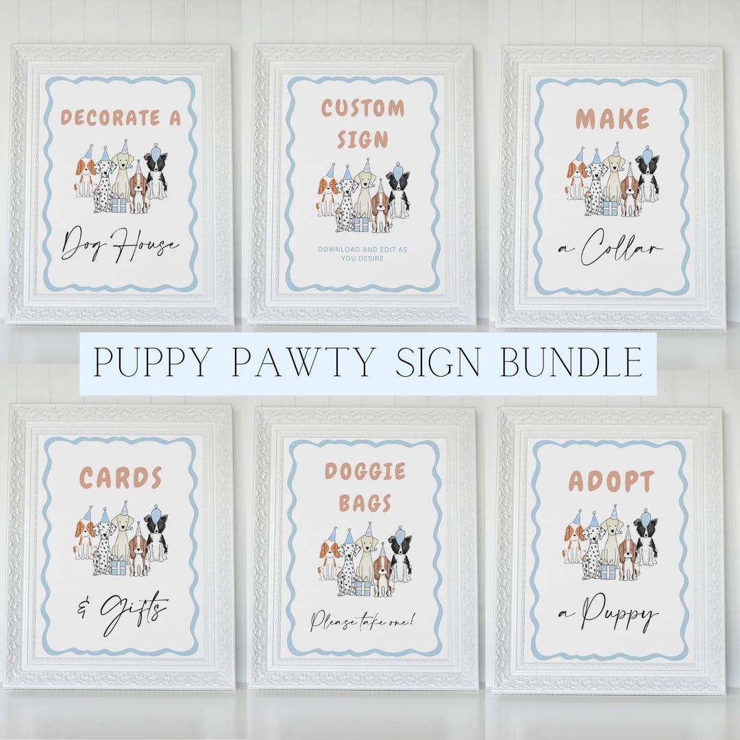 Dog Theme Birthday Party Sign Bundle | Editable Puppy Pawty Table Signs ...