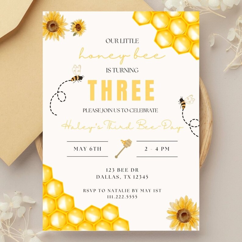 Bee Third Birthday Invitation, Third Bee Day Party Invitation, Honey ...