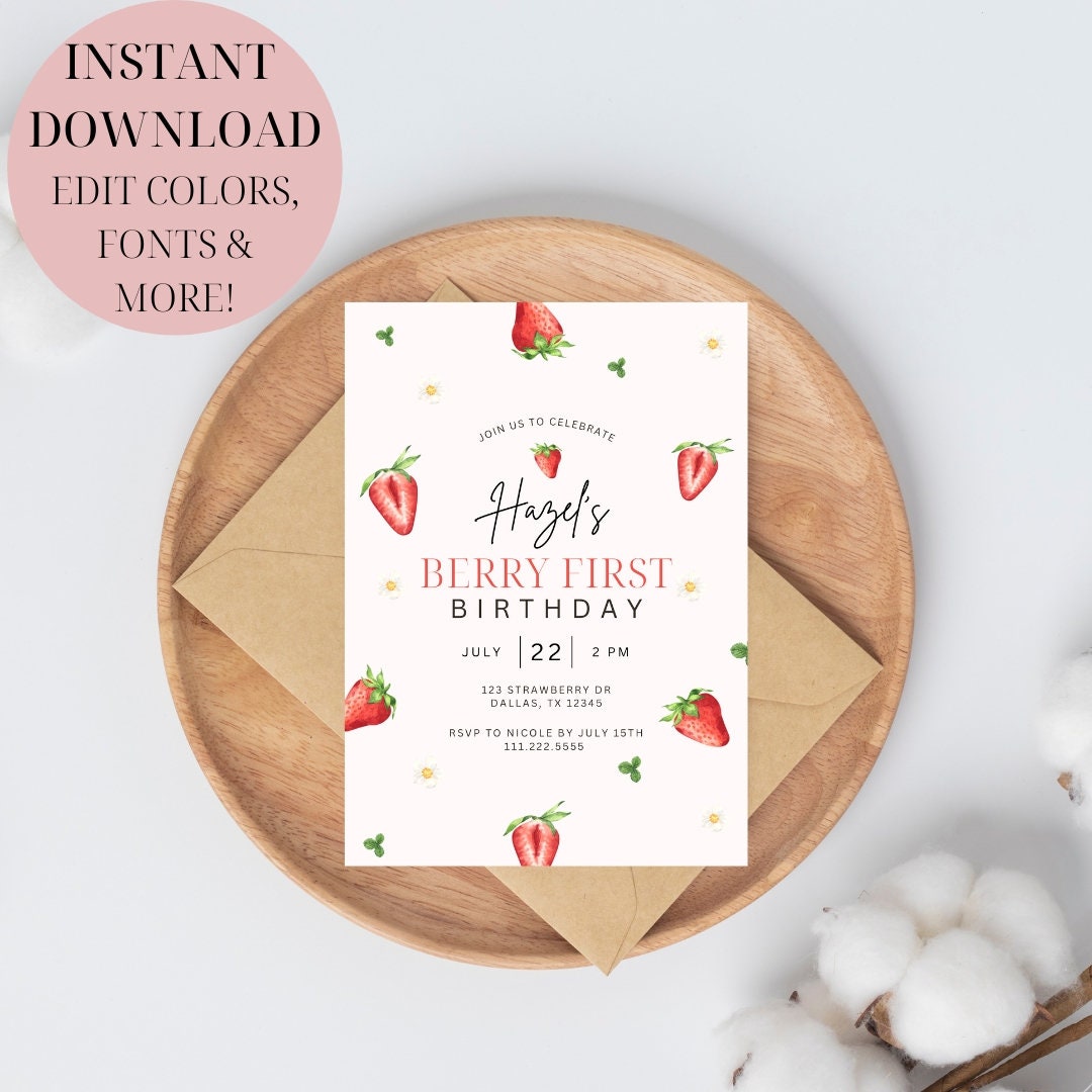 Berry First Birthday Invitation | Editable Strawberry 1st Birthday ...